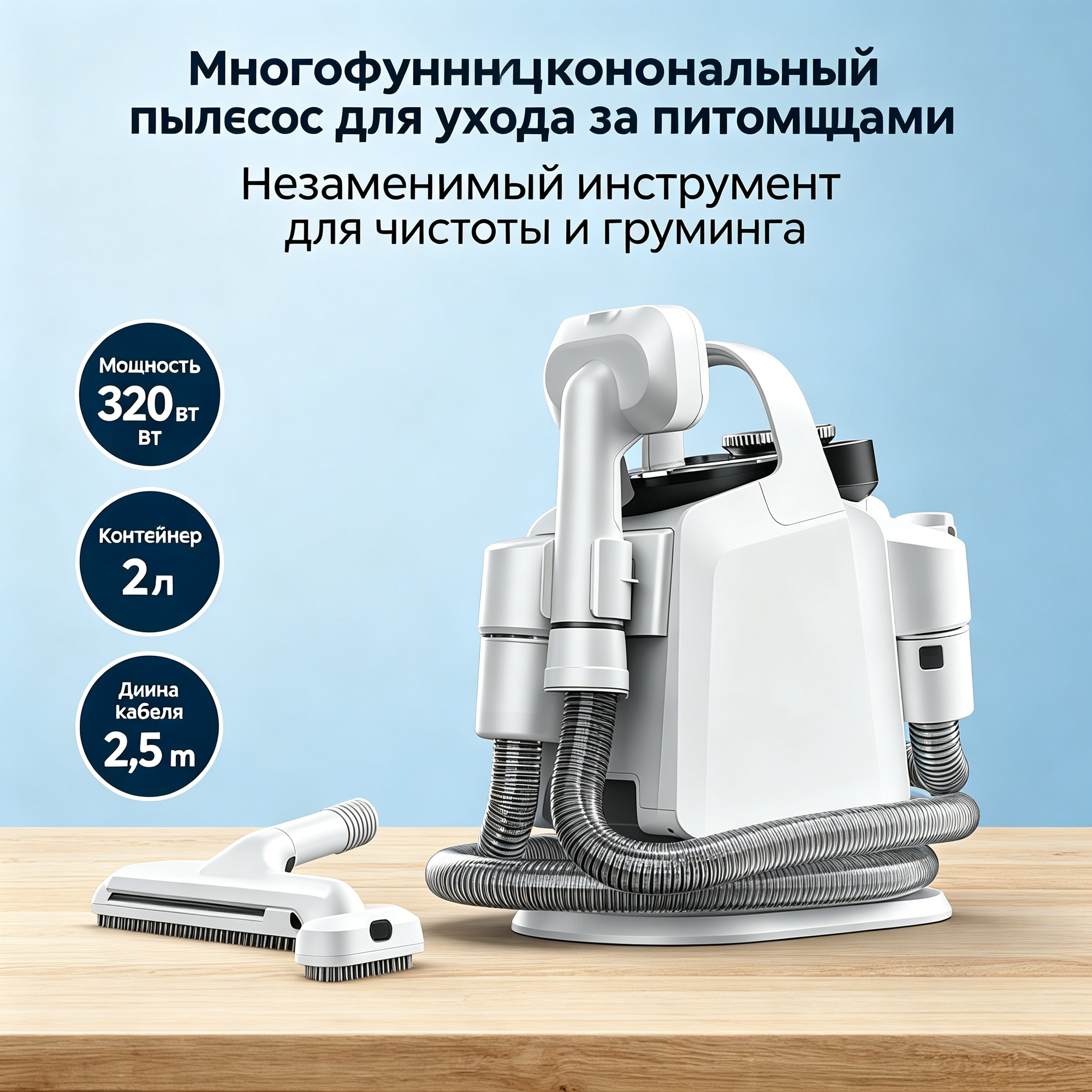 Пылесос для ухода за питомцами, мощный 320 Вт, контейнер 2 л, набор насадок для дома и груминга