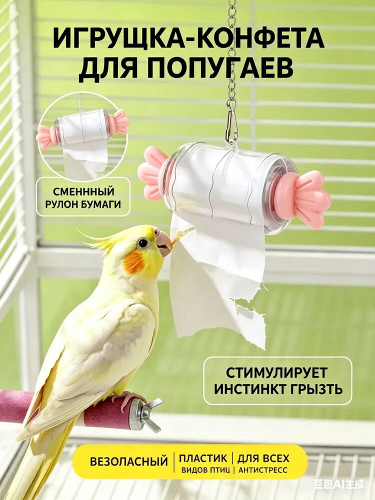 Игрушка для попугаев Конфета с рулоном бумаги, интерактивная подвесная игрушка для птиц в клетку, фуражилка со сменной бумагой, розовая.