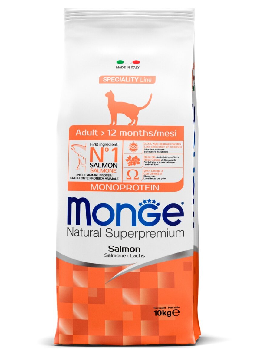 Сухой корм для взрослых кошек Monge Natural Superpremium с лососем 10 кг
