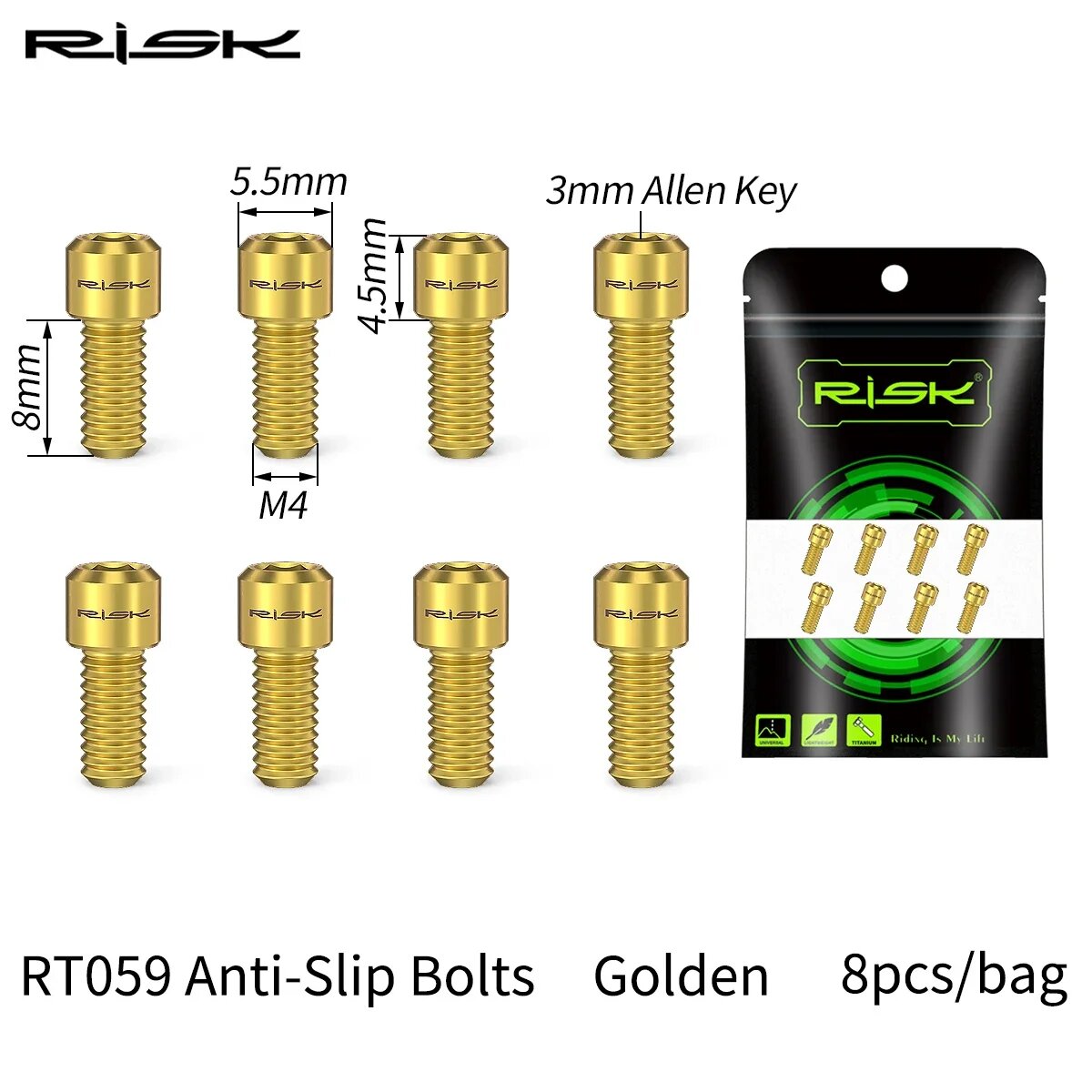 RISK Болты для педалей из титанового сплава M4x8 мм, 8 шт. 8pcs Gold