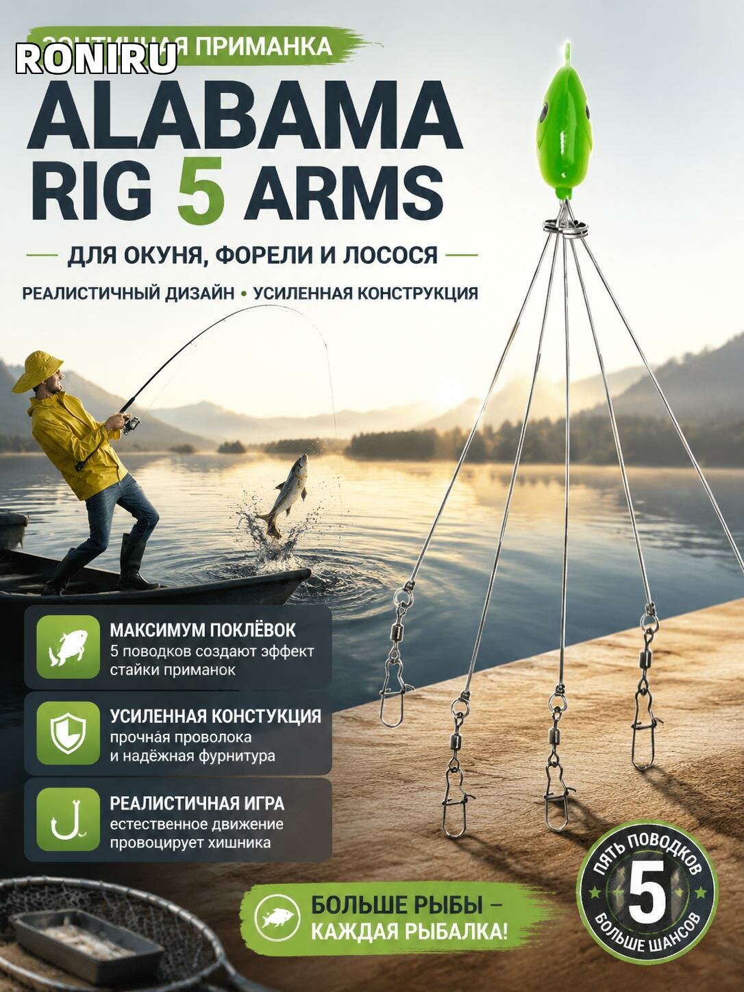 Зонтичная приманка Alabama Rig 5 Arms для окуня, форели и лосося — реалистичный дизайн усиленная конструкция в деле