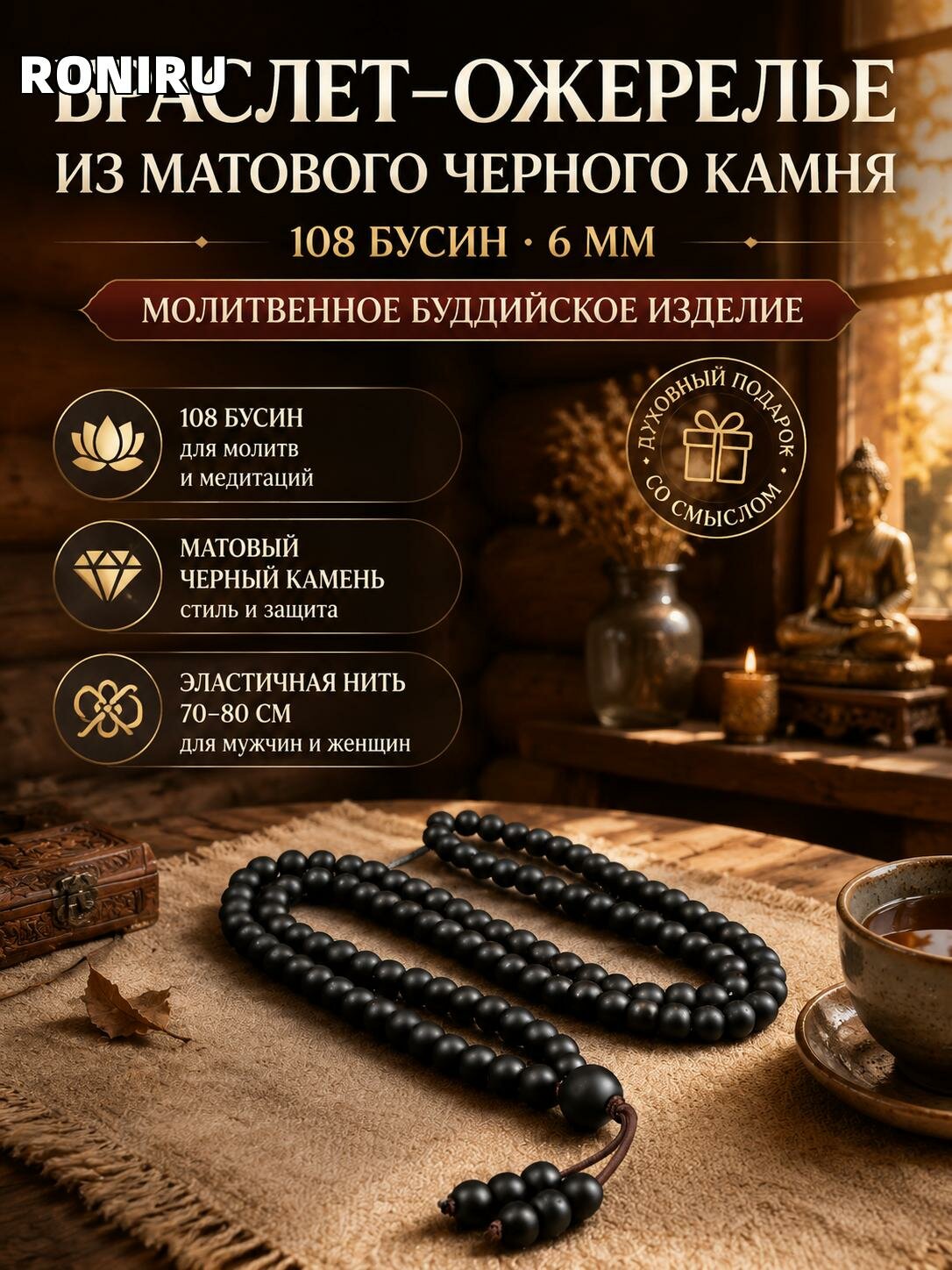 Браслет-ожерелье из матового черного камня 108 бусин 6 мм, молитвенное буддийское изделие на эластичной нити 70-80 см для мужчин и женщин