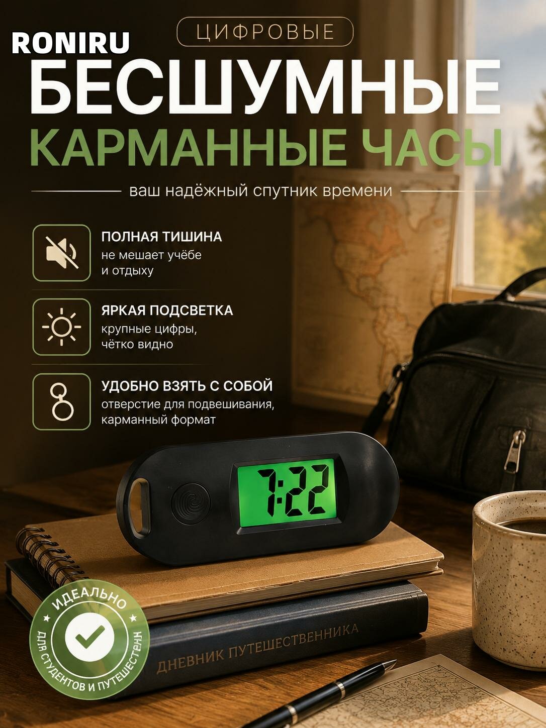 Бесшумные цифровые карманные часы с ЖК-дисплеем и подсветкой, крупные цифры и отверстие для подвешивания — для студентов и путешествий