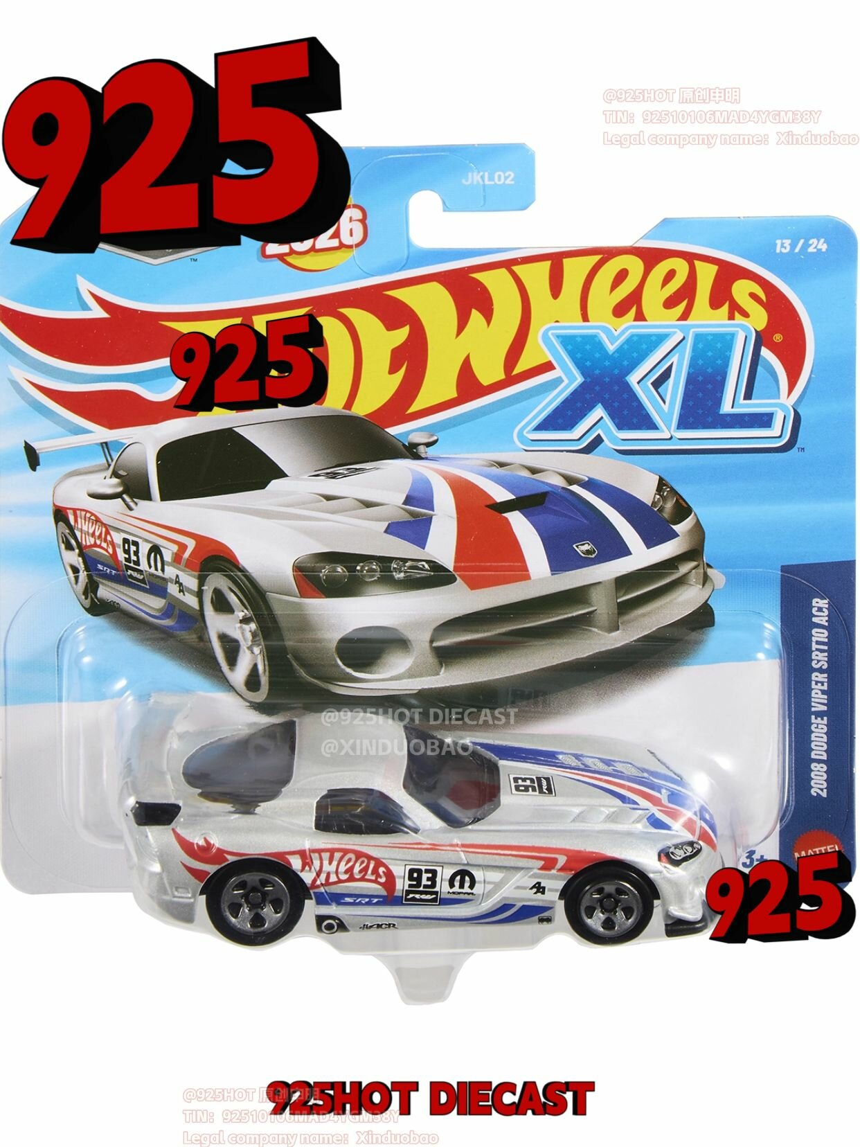 Машинка 925HOT WHEEL XL 1/43 JKL02 2008 Dodge Viper SRT10 ACR игрушечная машина