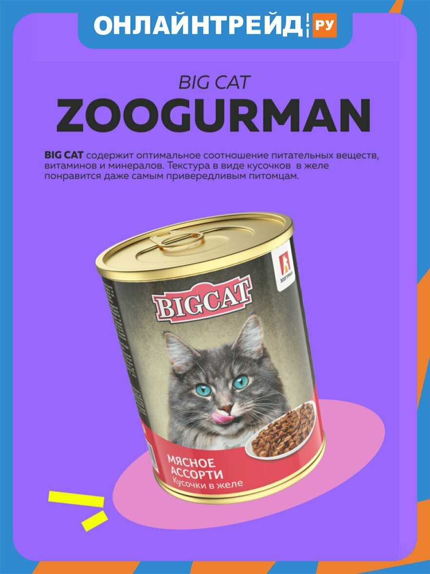 Корм влажный Зоогурман BIG CAT для кошек, кусочки в желе мясное ассорти 6шт.*350г