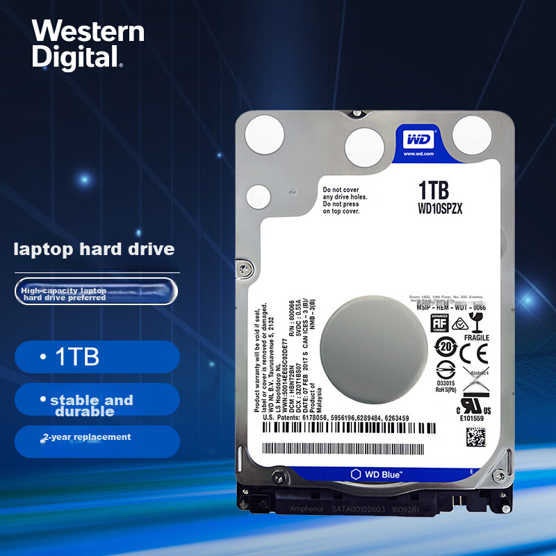 WD Blue 2.5-дюймовый 1 ТБ жесткий диск для ноутбука SATA 5400 об/мин 128 МБ кэша 7 мм толщина Версия：1