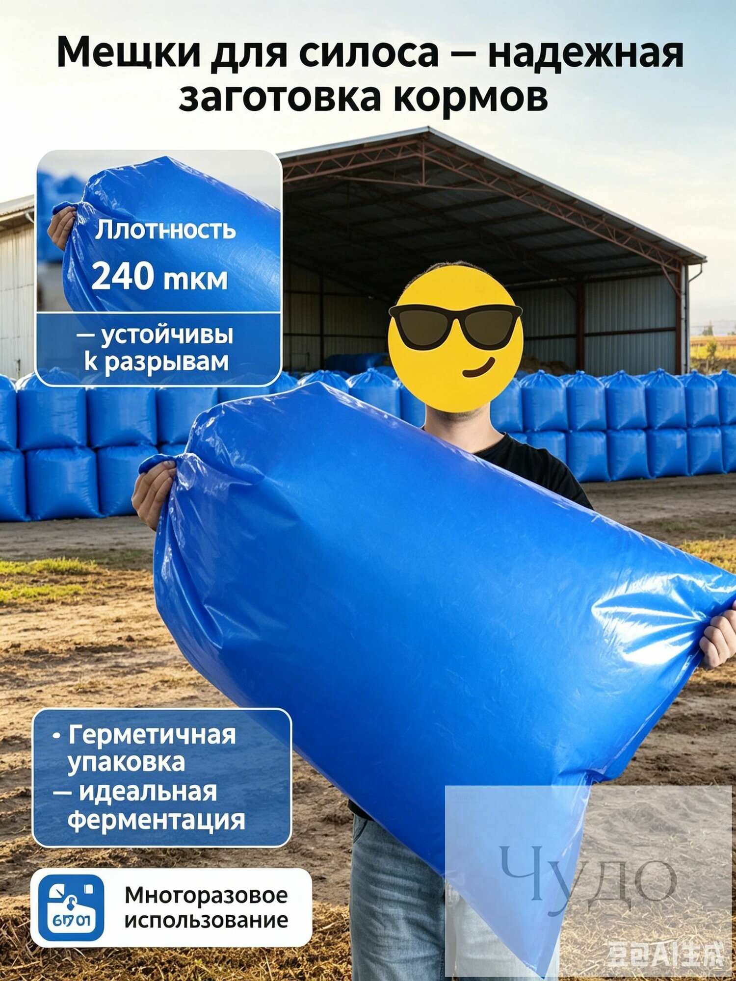 Мешки для силоса и сенажа 240 мкм, прочные пакеты для ферментации корма-усиленные-износостойкие, для хранения соломы и силоса (комплект)