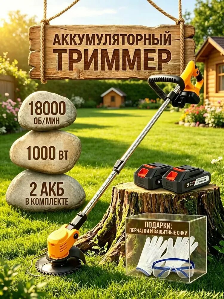 Триммер аккумуляторный садовый для травы газонокосилка электрическая 2 АКБ + 8 насадок