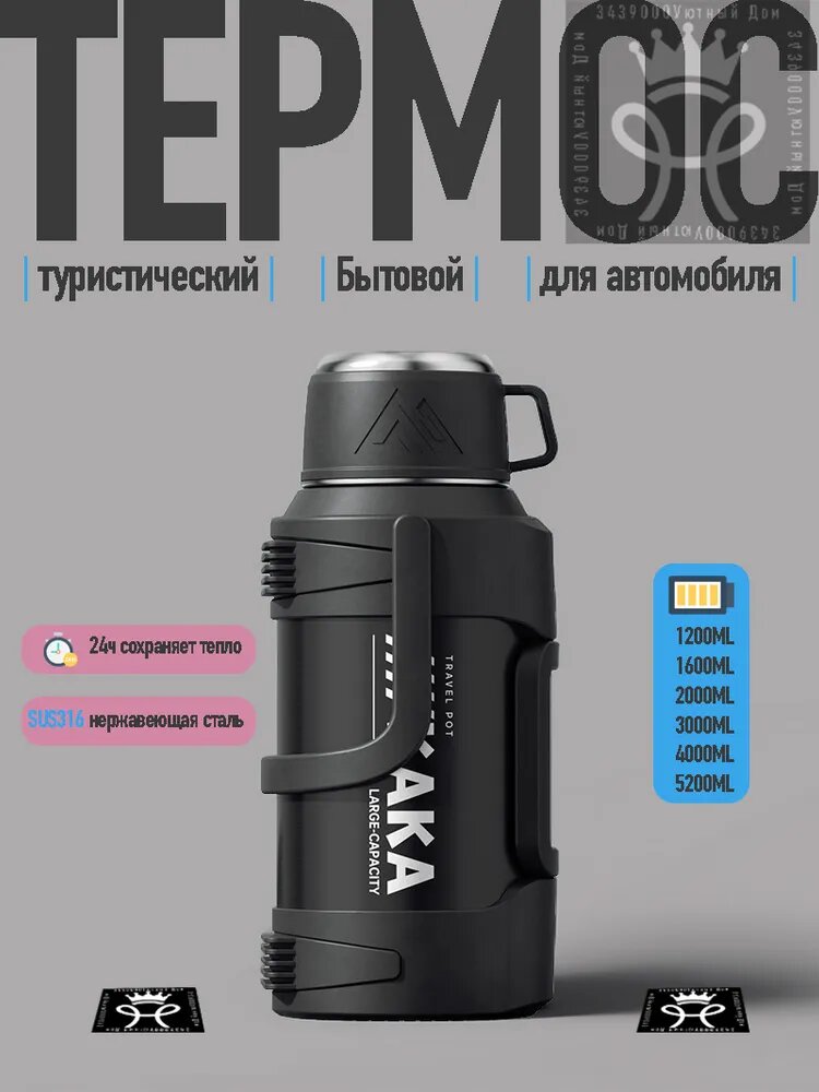 Термос Кнопка-клапан, Крышка-чашка, Отверстие для питья, 5.2 л