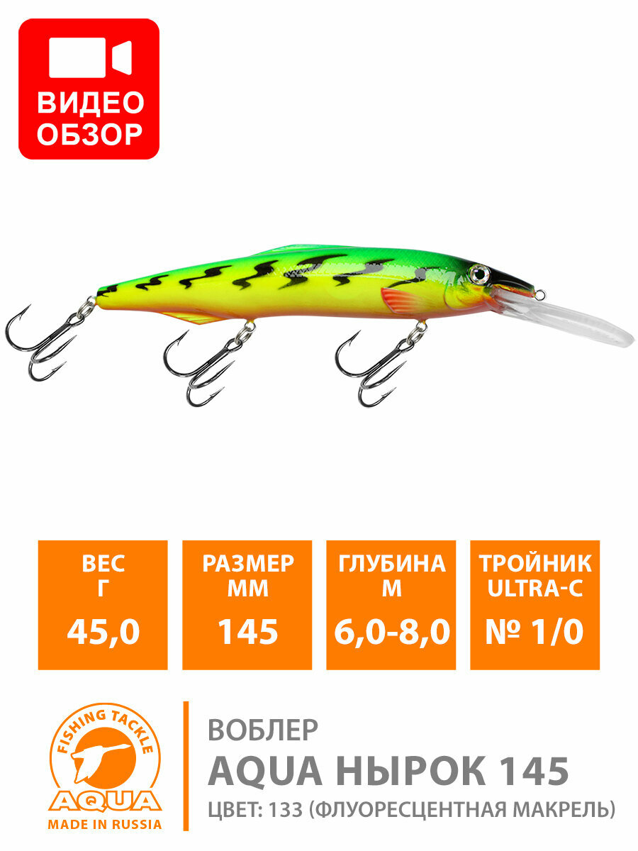 Воблер для рыбалки плавающий AQUA Нырок 145mm 45g заглубление от 6 до 8m цвет 133