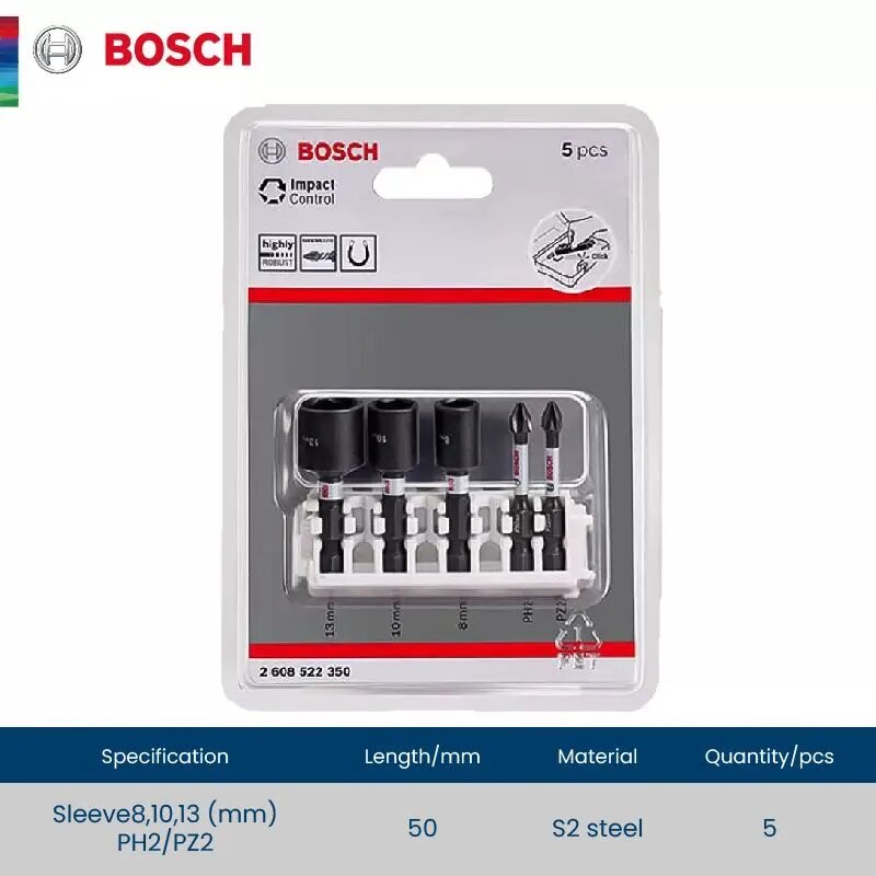 Биты для ударной отвертки Bosch, втулки 8, 10, 13 мм; Насадка для дозирования 50 мм, PH2, PZ2