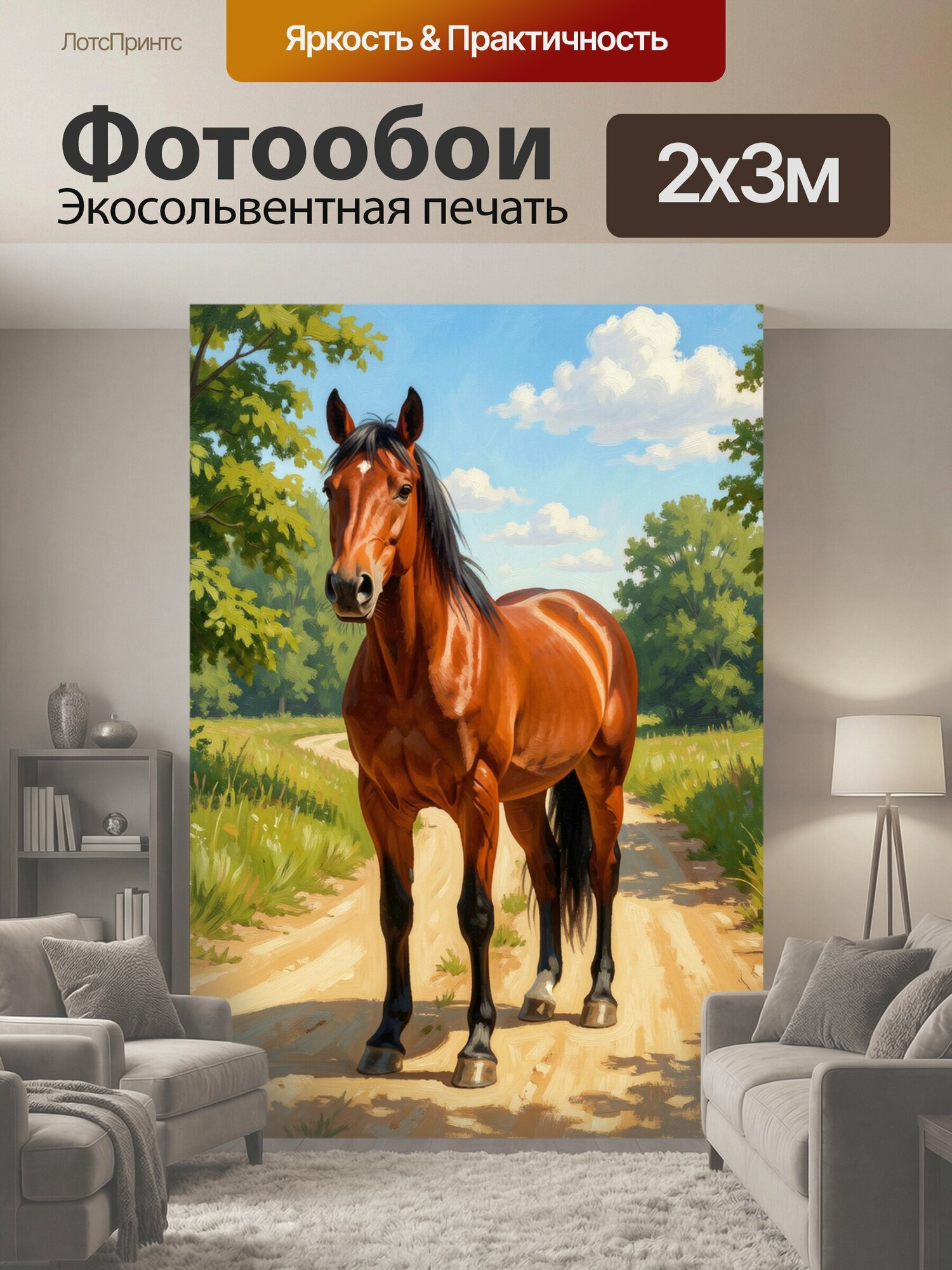 Фотообои "Лошадь на лесной дороге. Живописный скакун на проселочной тропе среди летней зелени, солнечный день, голубое небо с облаками." 200x300 см. экосольвентная печать
