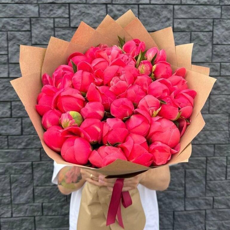 Букет из коралловых пионов 37 шт, красивый букет цветов, шикарный, премиум цветы, премиум букет