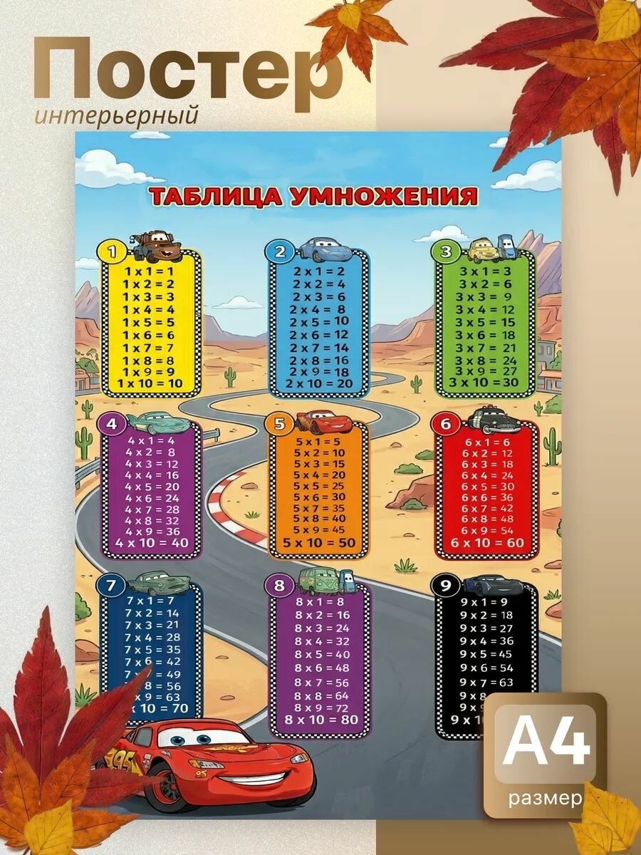 Таблица умножения плакат Тачки Молния маквин