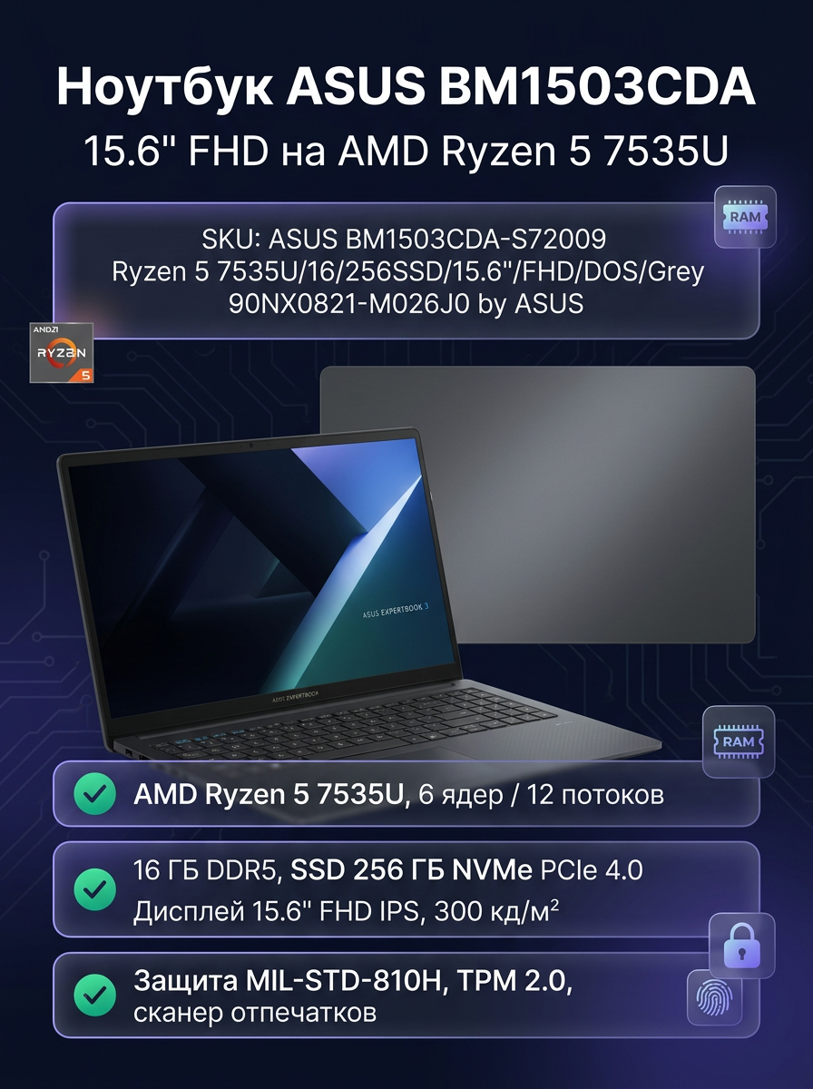 Ноутбук ASUS BM1503CDA-S72009 (90NX0821-M026J0), 15.6" IPS FHD, AMD Ryzen 5 7535U, 16GB DDR5, 256GB SSD, без ОС, серый