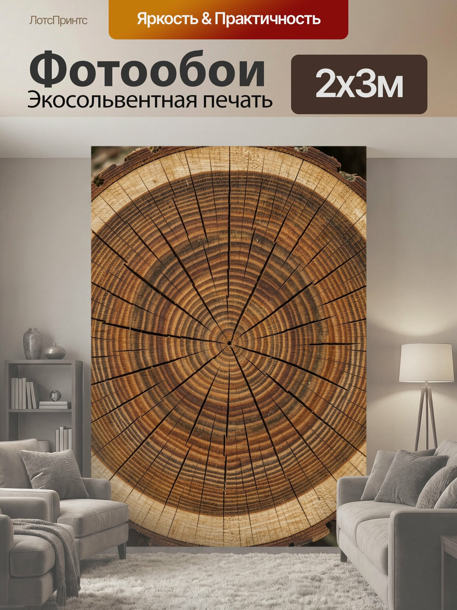Фотообои "Срез древесного ствола с трещинами. Крупный план спила дерева с выразительными годичными кольцами и радиальными трещинами." 200x300 см. экосольвентная печать