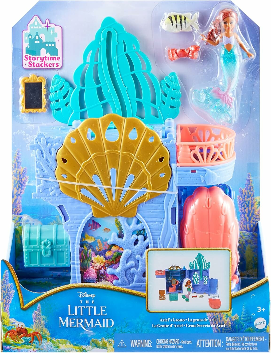 Mattel Disney Storytime Stackers - игровой набор Ariel Grotto с кукольным домиком, маленькая кукла-русалочка, 10 аксессуаров и ручка для переноски во время путешествий, для детей от 3 лет, HPL54