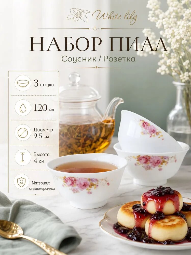 Пиала 120 мл 3 штуки, розетка для соуса и варенья