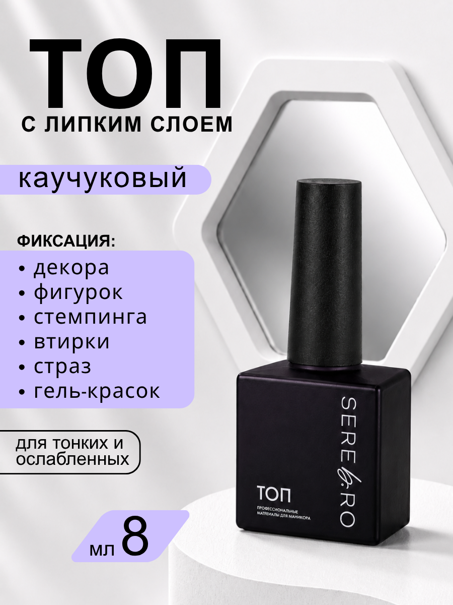 Serebro, Топ для гель-лака ногтей густой с липким слоем "Super rubber", 8 мл