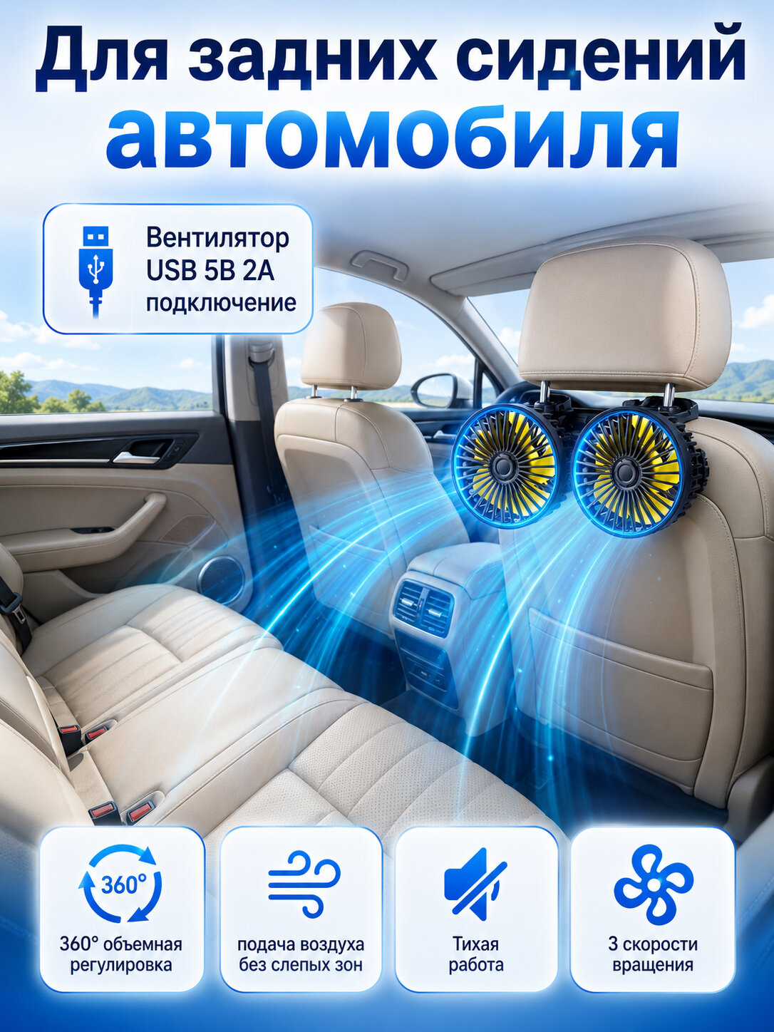 Бытовой задний подголовник с 5 лезвиями вентилятор автомобильный usb 5в,3-ступенчатая регулировка скорости, поворот на 360, Совместимость с моделями 12 В/ 24 В