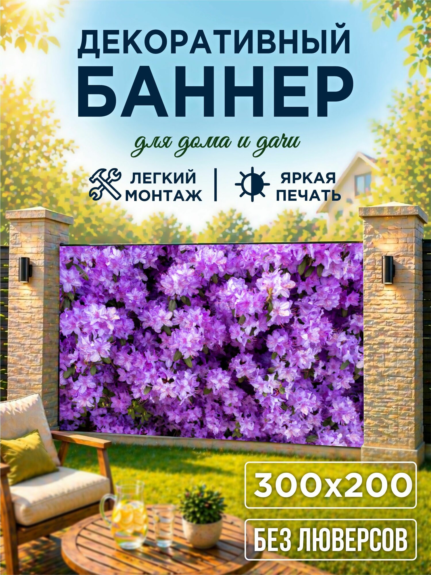 Декоративный баннер для забора, беседки 300 см х 200 см без люверсов