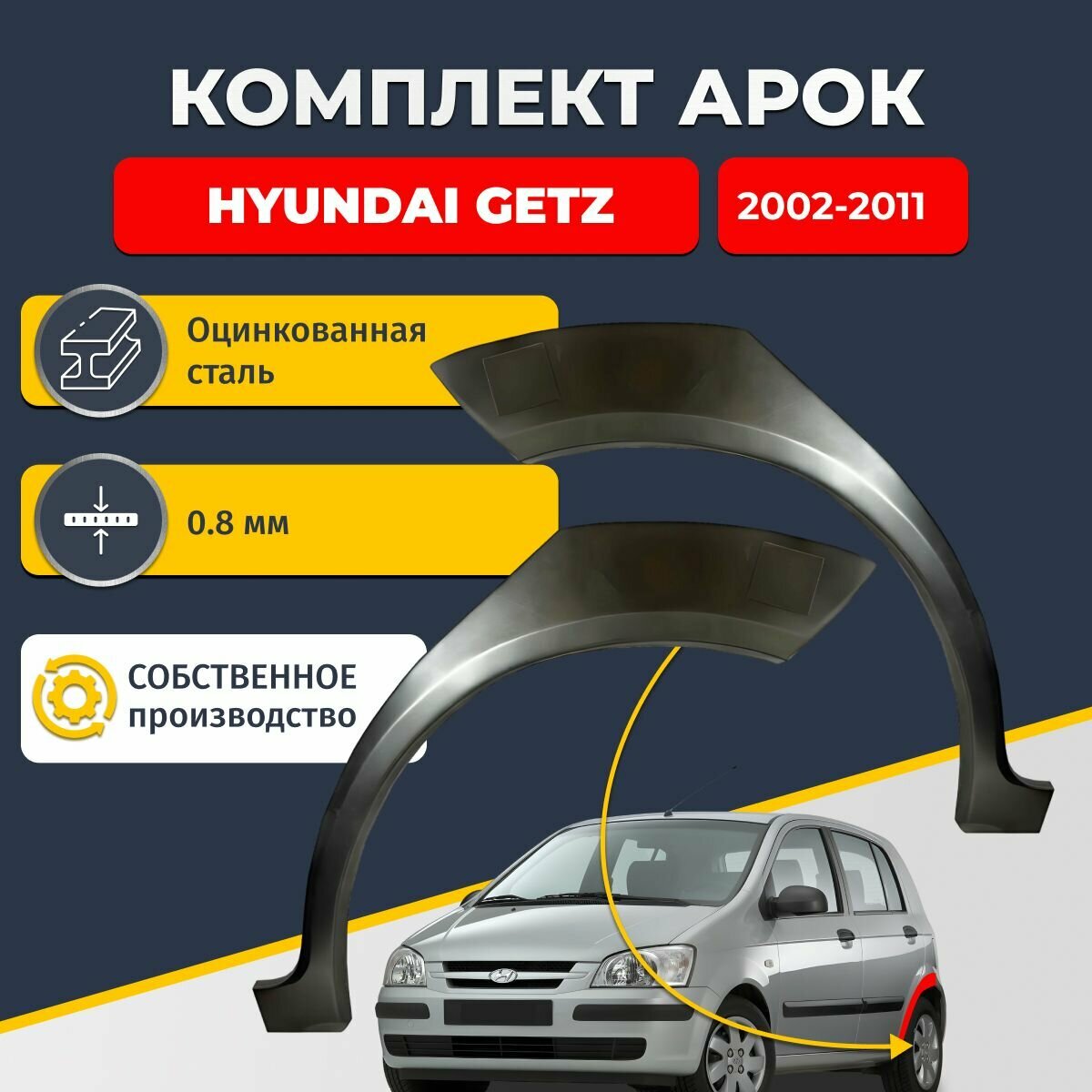 Комплект задних ремонтных арок для автомобиля (2 шт.), Hyundai Getz 1 2002-2011 (Хендай Гетц 1). Оцинкованная сталь 0,8мм.