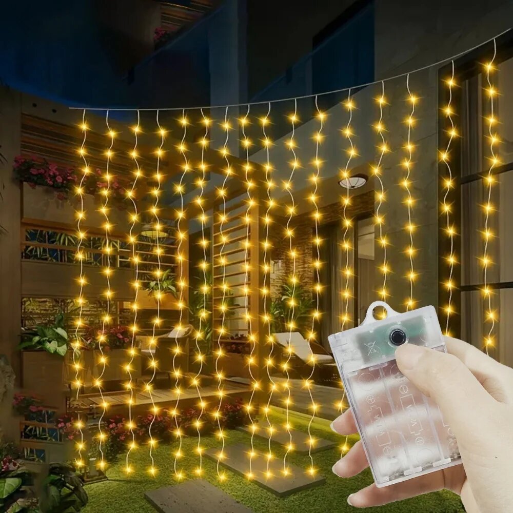 LED Гирлянда-штора на батарейках для декора Warm White, 3X1M 100LEDs-Battery