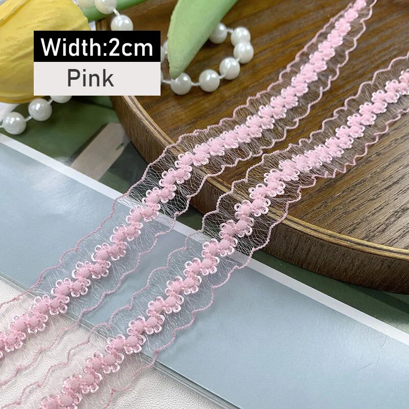 Эластичная кружевная лента с рюшами 2/5/10 м, 1.5/2 см, полиэстер 2cm-Pink, 2Meters