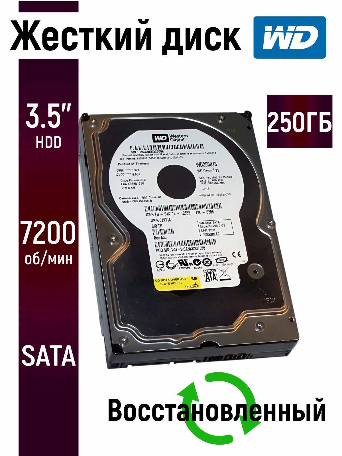 Внутренний жесткий диск WD 250 Гб 3.5 8mb 7200 WD2500JS-V