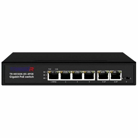 Неуправляемый коммутатор Trassir TR-NS1406-65-4POE с 4 PoE портами (10/100/1000 Мбит/с (Base-T)), 2 Uplink (10/100/1000 Мбит/с (Base-T)), стандарты PoE EEE802.3af, EEE802.3at, EEE802.3bt,