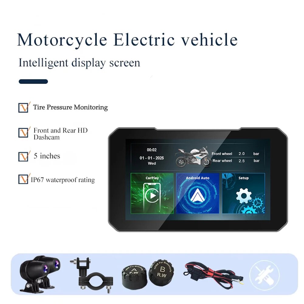 5-дюймовый мотоциклетный экран с GPS-навигацией, беспроводным CarPlay, Android Auto, Motor TPMS Cam