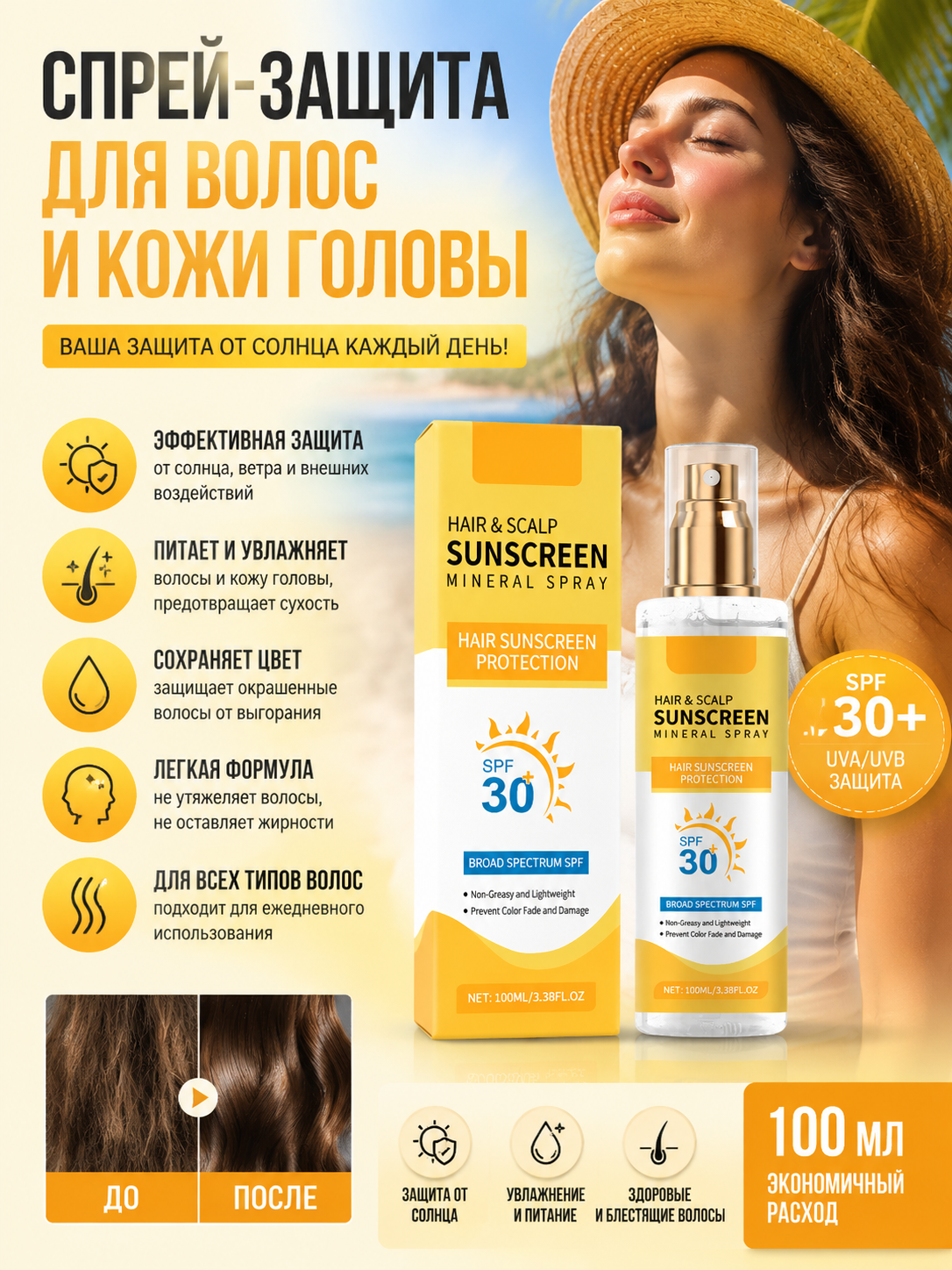 Спрей для защиты кожи головы: обеспечивает мягкую защиту, питание и освежающий уход на открытом воздухе.