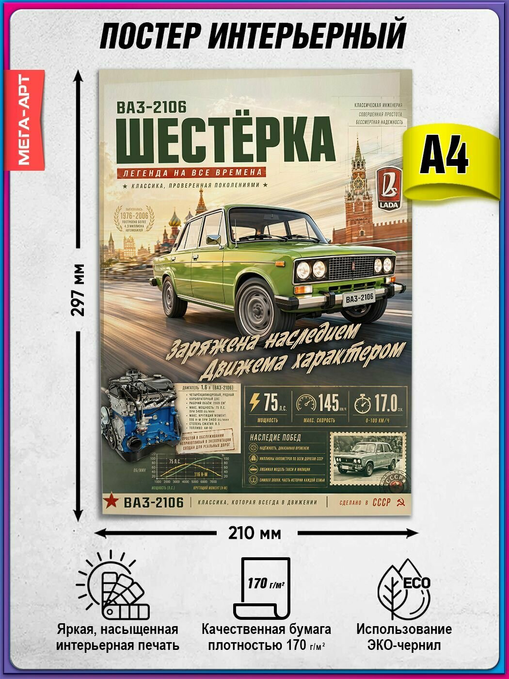 Интерьерный постер "Советский автомобиль" ВАЗ-2106 / Шестёрка / А4 (21х30 см.)
