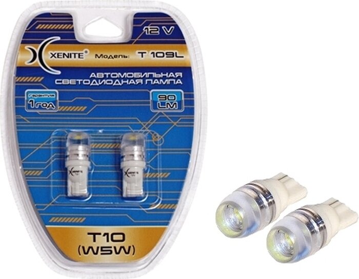 Лампа светодиодная сигнальная Т10W5W W2,1*9,5d 5000K T109L 12V 1W Блистер 2шт, XENITE 1009273