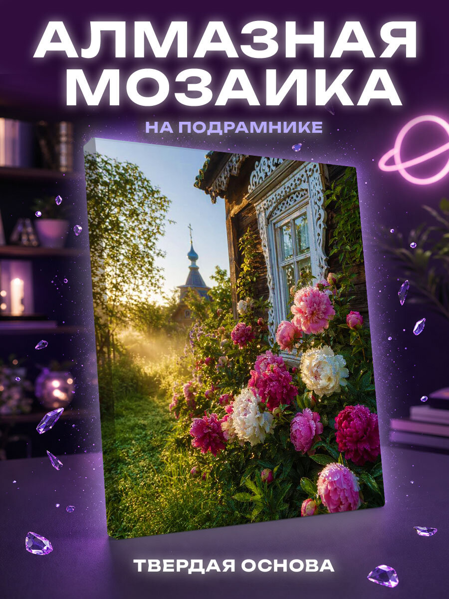 Алмазная мозаика Маленькая часовня в окружении пионов