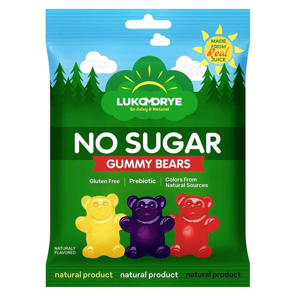 Мармелад жевательный LUKOMORYE So Juicy & Natural без сахара, ассорти на соках со вкусами: вишня, манго, черная смородина, 70 г