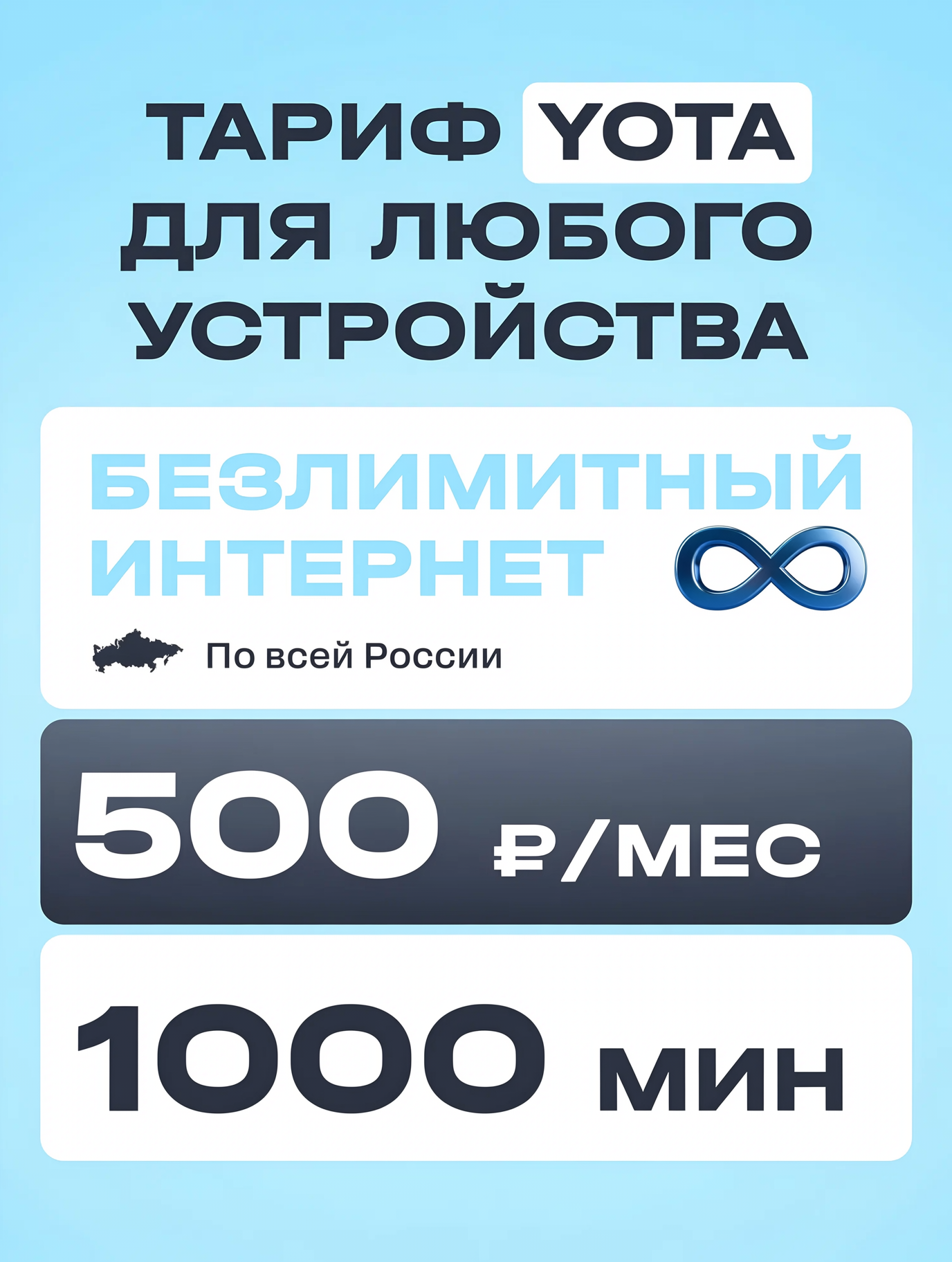 Сим-карта Yota, безлимит 4G, модем, роутер, смартфон, планшет, 500 руб/мес.