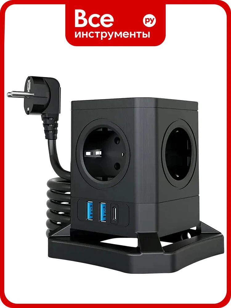 Сетевой фильтр QUMO Power Block System PD1 12SP5U P-0003, 5 розеток, 2500 Вт, 10A, кабель 2м 3*1 мм чистая медь, пожаробезопасный пластик, евровилка, 2 USB порта 2,4A + USB-C 30W 42087