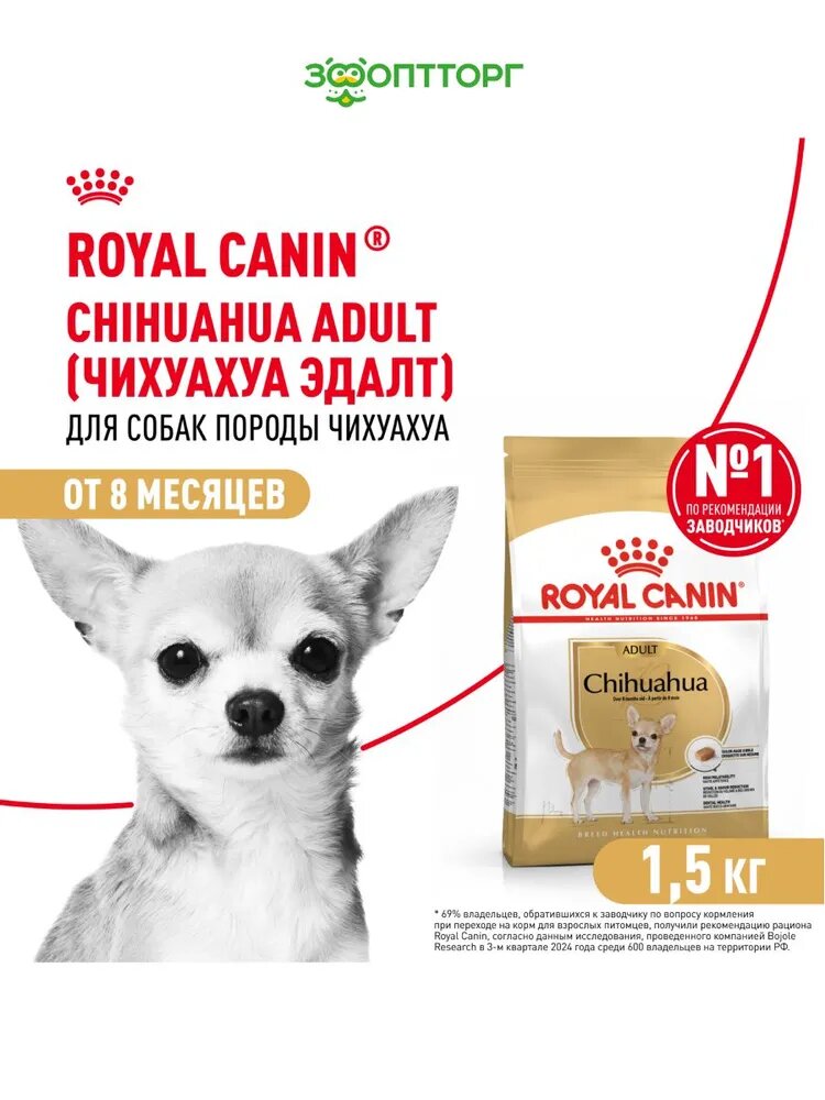 Сухой корм Royal Canin Chihuahua Adult для собак породы чихуахуа, Птица, 1,5 кг