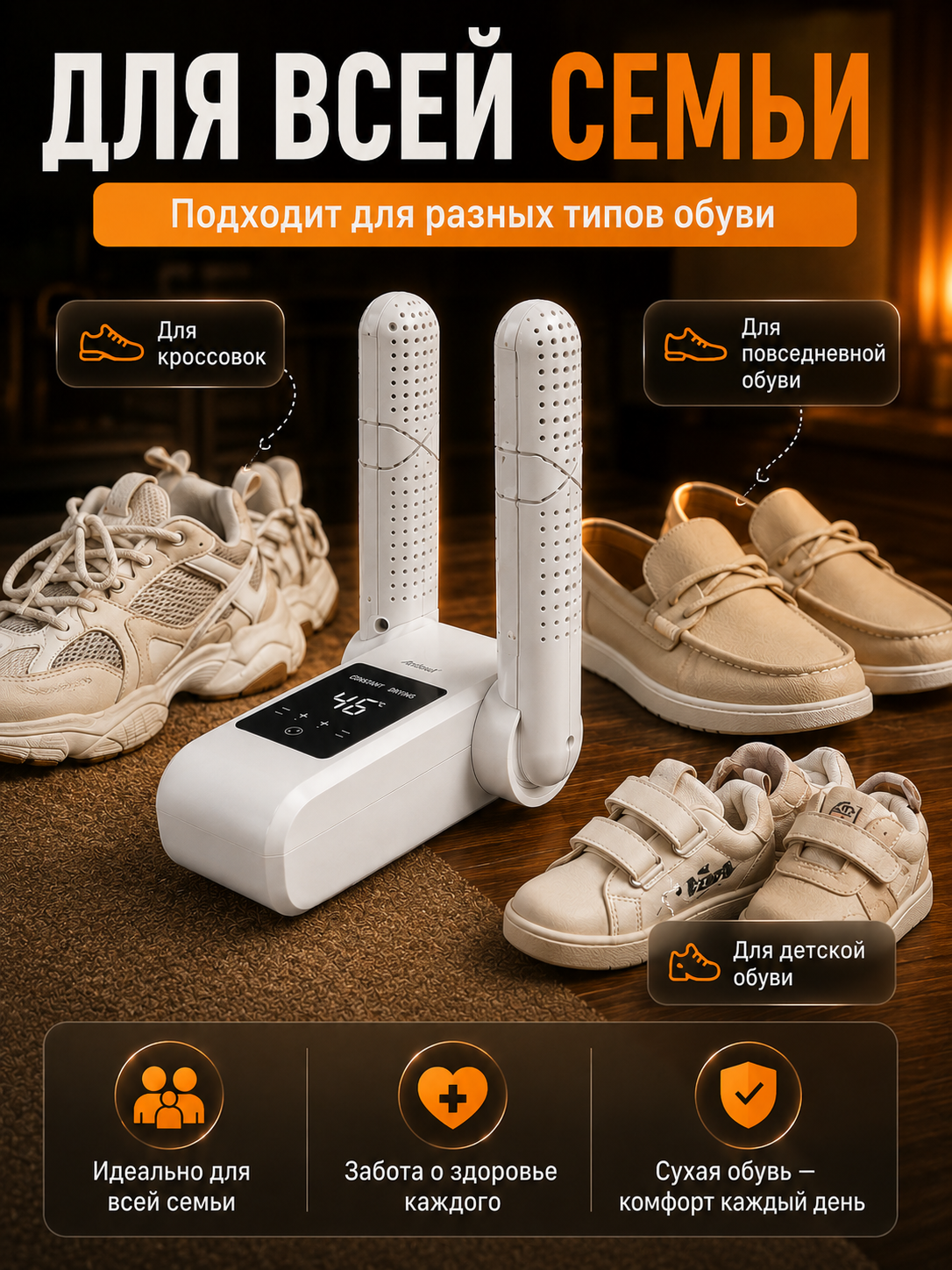 Сушилка-фен, для обуви, антибактериальный эффект, с ультрафиолетом