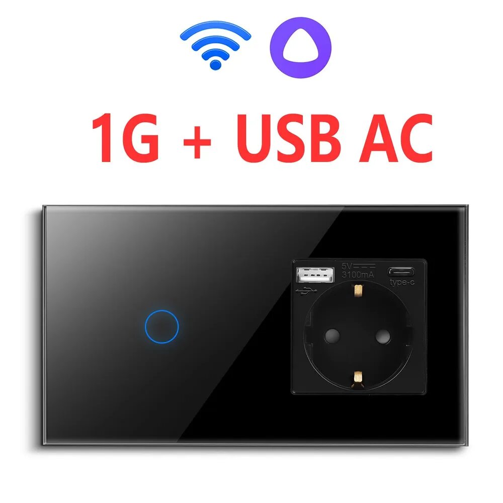 Умный выключатель одноклавишный Wi-Fi с розетка с usb type-c,1клавиша ,2пост (1G+1F) стекло 157х86 мм , черное