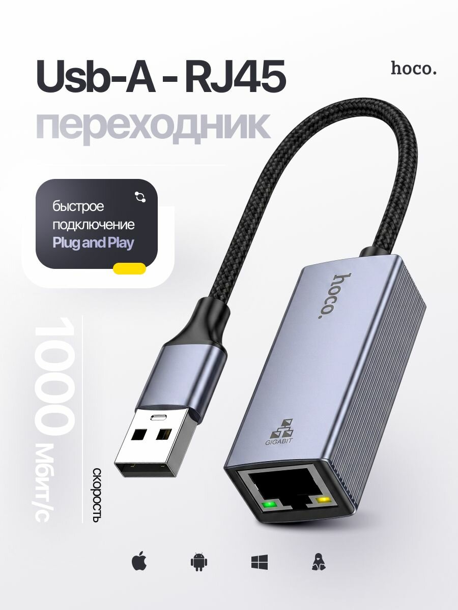 Сетевая карта Hoco UA37 USB RJ45 1000 Мбит/с, Gigabit Ethernet LAN адаптер