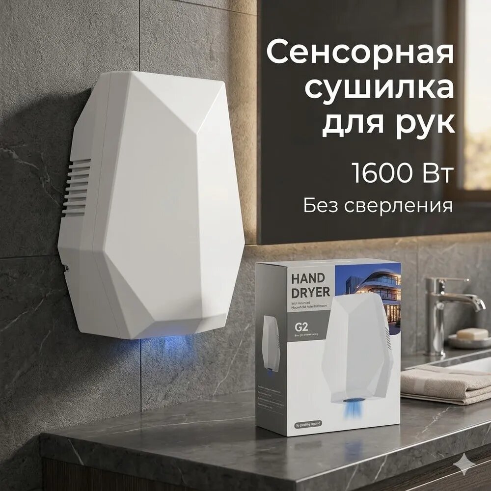 Бесконтактный сушилка для рук 1600 Вт, Автоматический, Быстрая сушка за 3 сек, Без сверления стен, HEPA фильтр, Тихий, Для дома и офиса