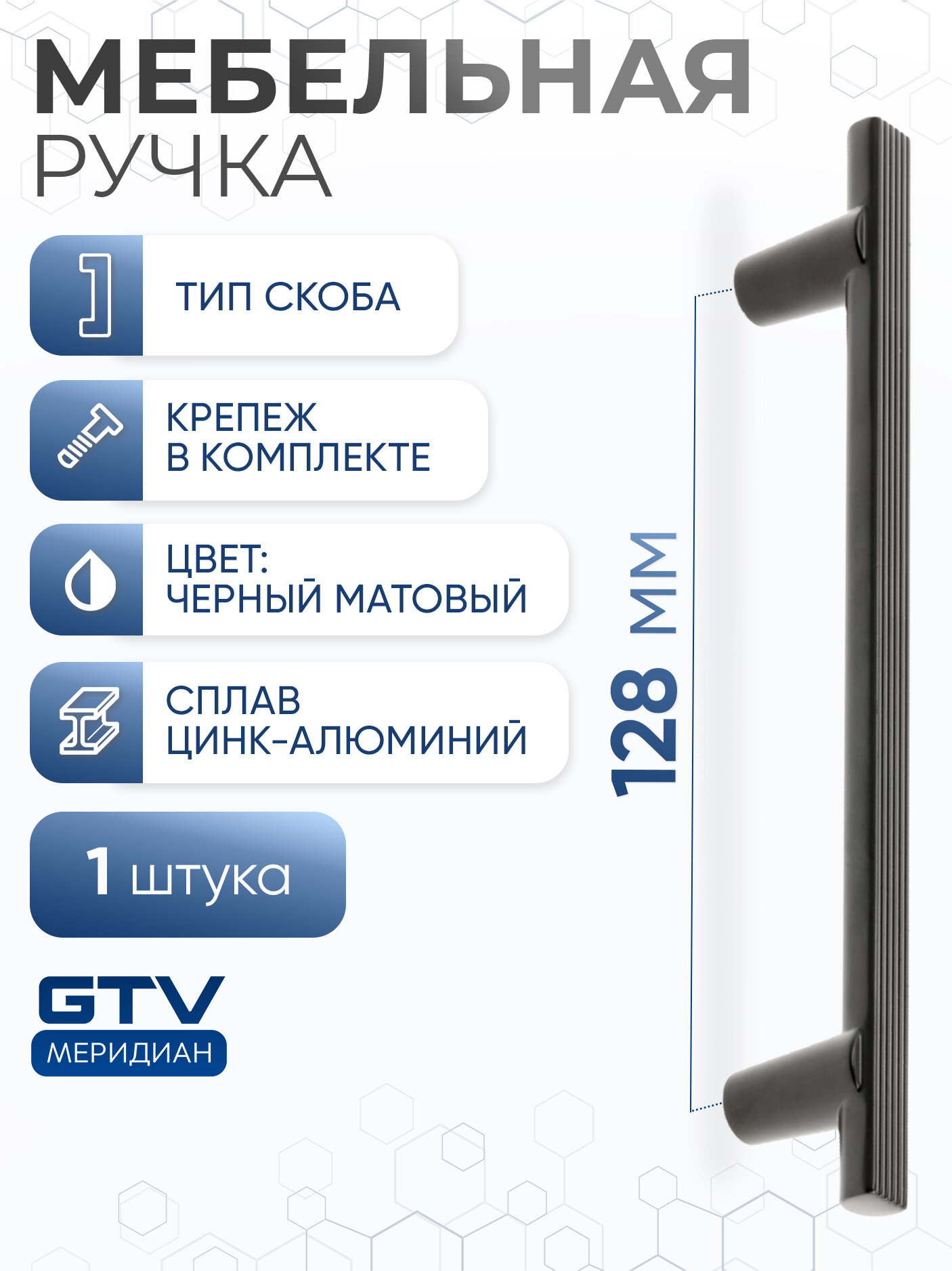 Ручка мебельная скоба алюминиевая 128 мм RAY черный матовый 1 шт