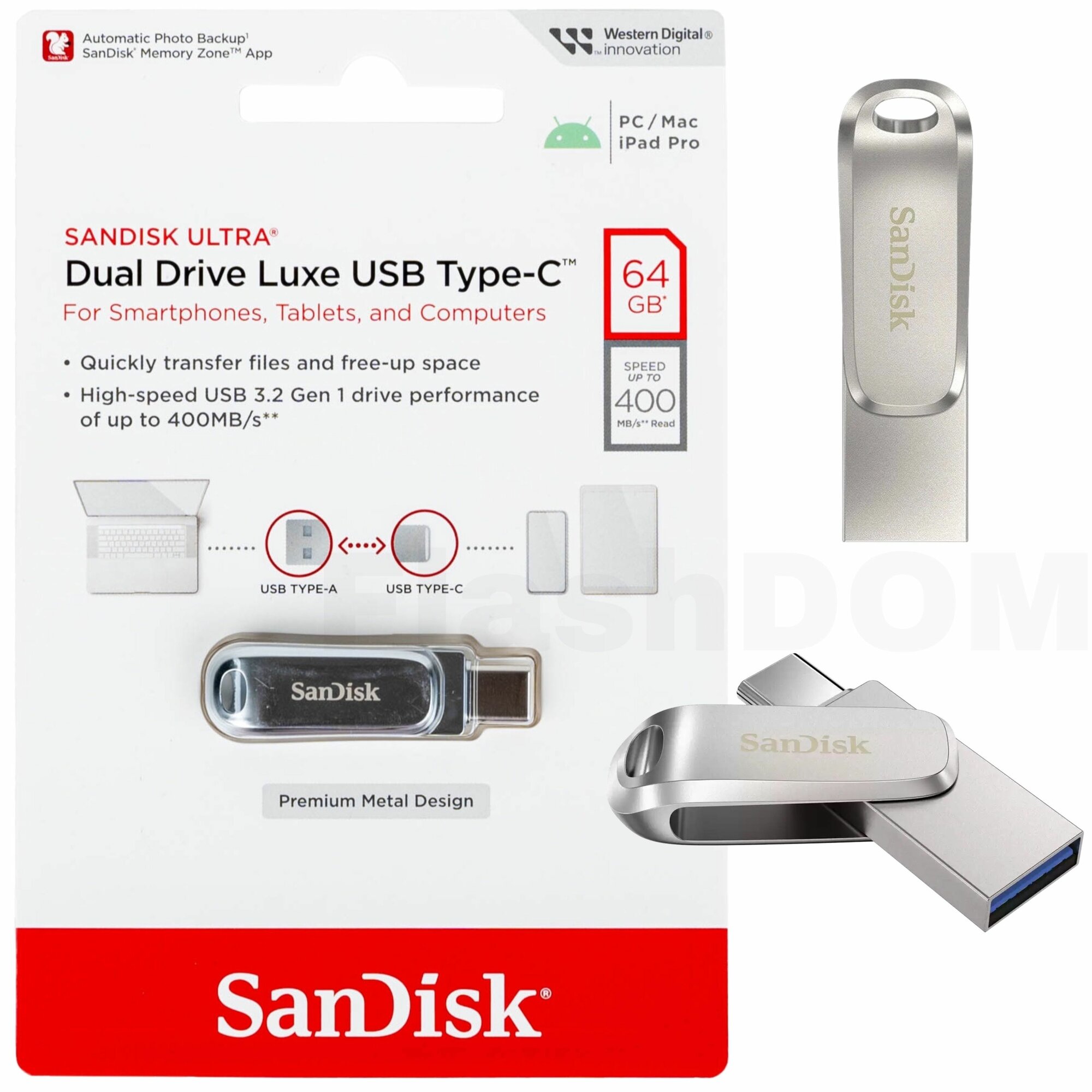 Флеш-накопитель SanDisk 64 ГБ Ultra Dual Drive Luxe 400 Мб/с USB 3.2 Type C/Type A