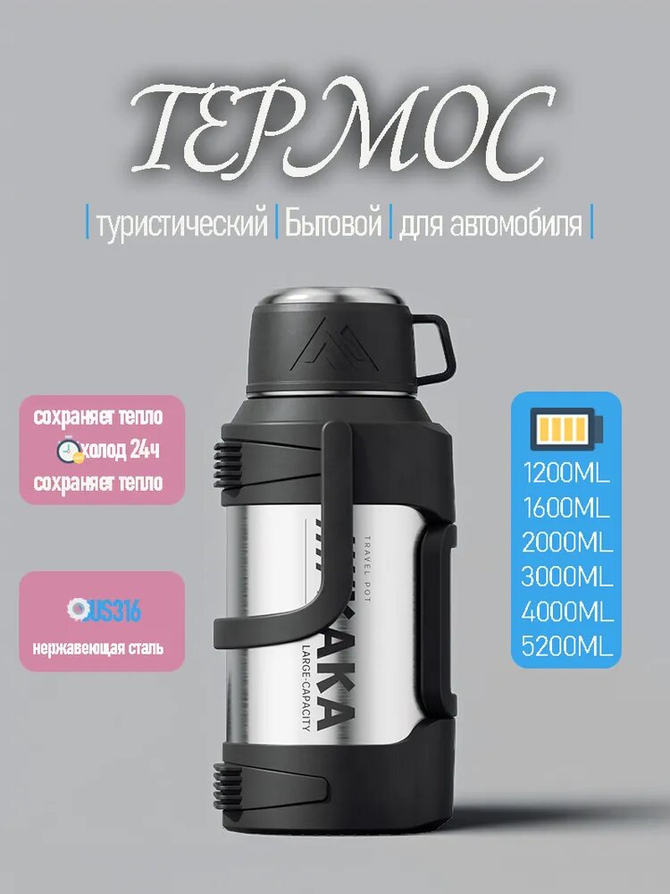 Термос Кнопка-клапан, Крышка-чашка, Отверстие для питья "KAKA", 2 л