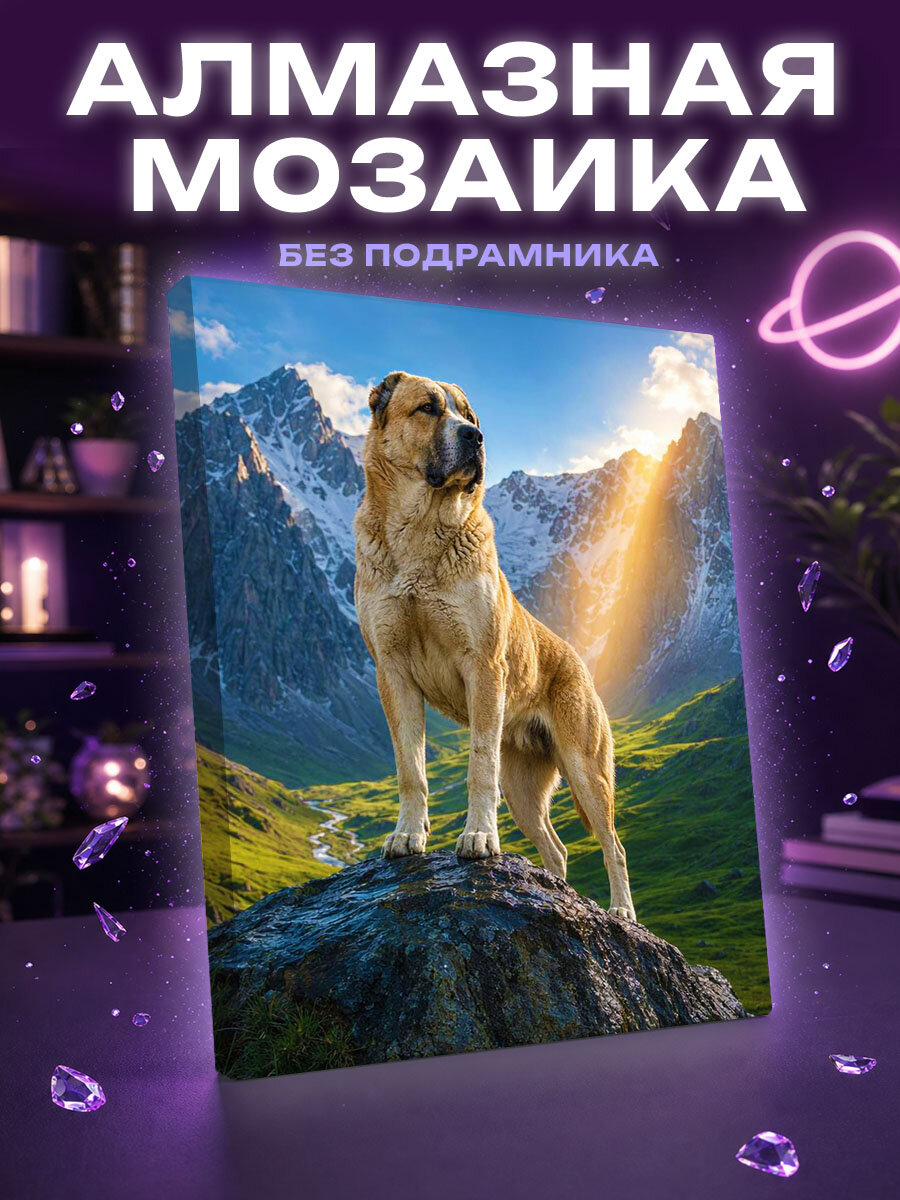 Алмазная мозаика алабай на скале на фоне горных пиков