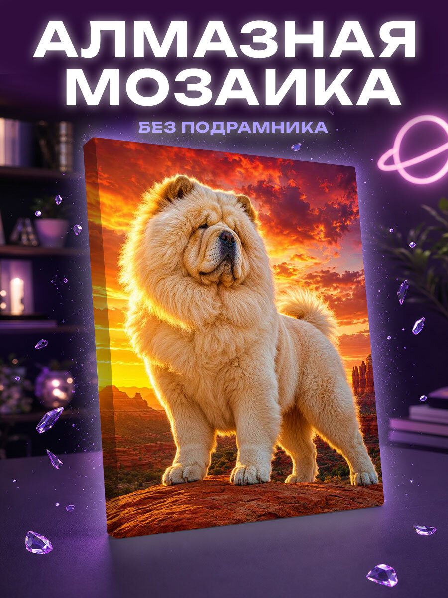 Алмазная мозаика чау-чау у огненных скал на закате