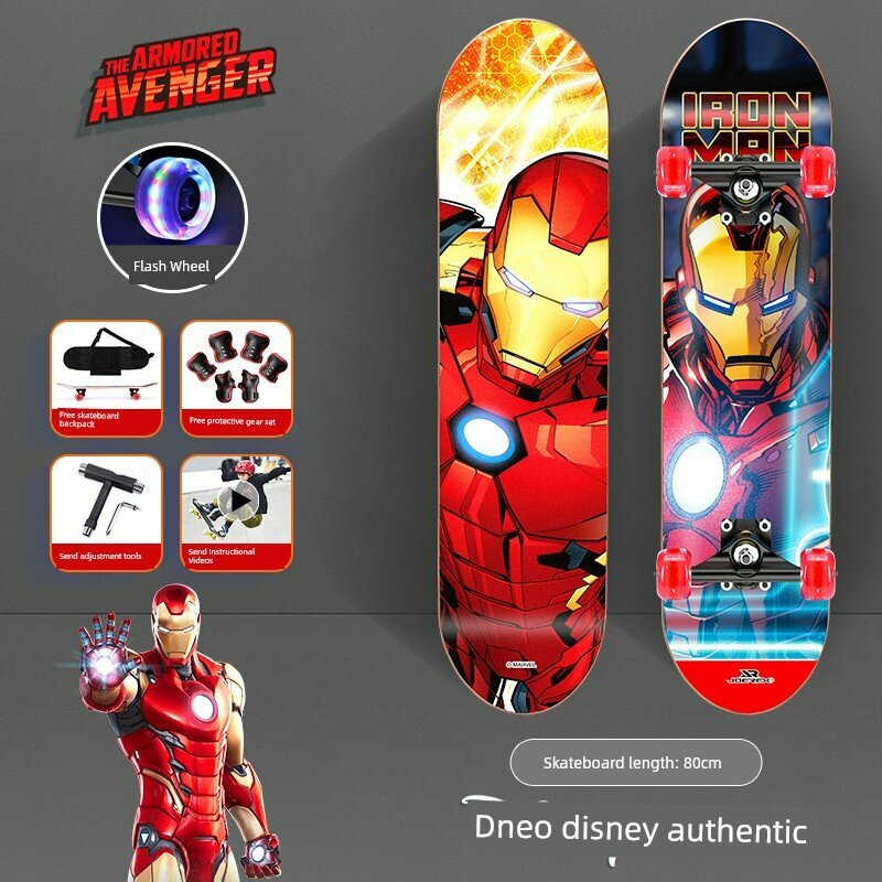Скейтборд Disney Iron Man с подсветкой для детей 3-6-12 лет с сумкой и защитой