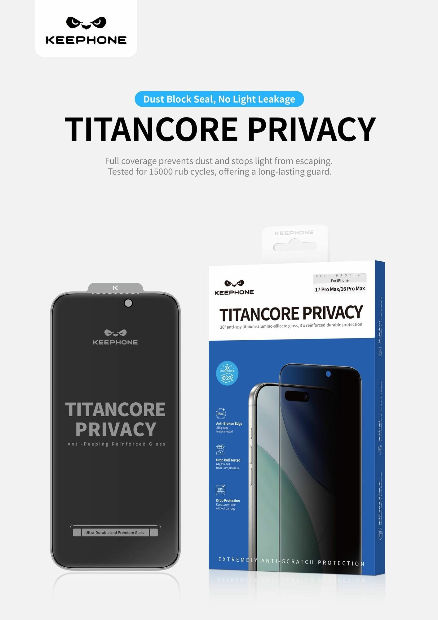 Стекло защитное для iPhone 17 Pro Max/16 Pro Max KEEPHONE TITANCORE Privacy (Антишпион)